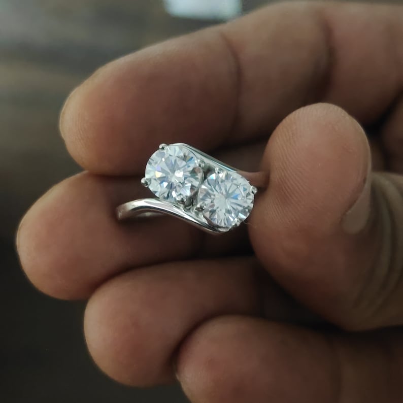 Two Stone Round Cut Moissanite Engagement Ring, Double Stone ...