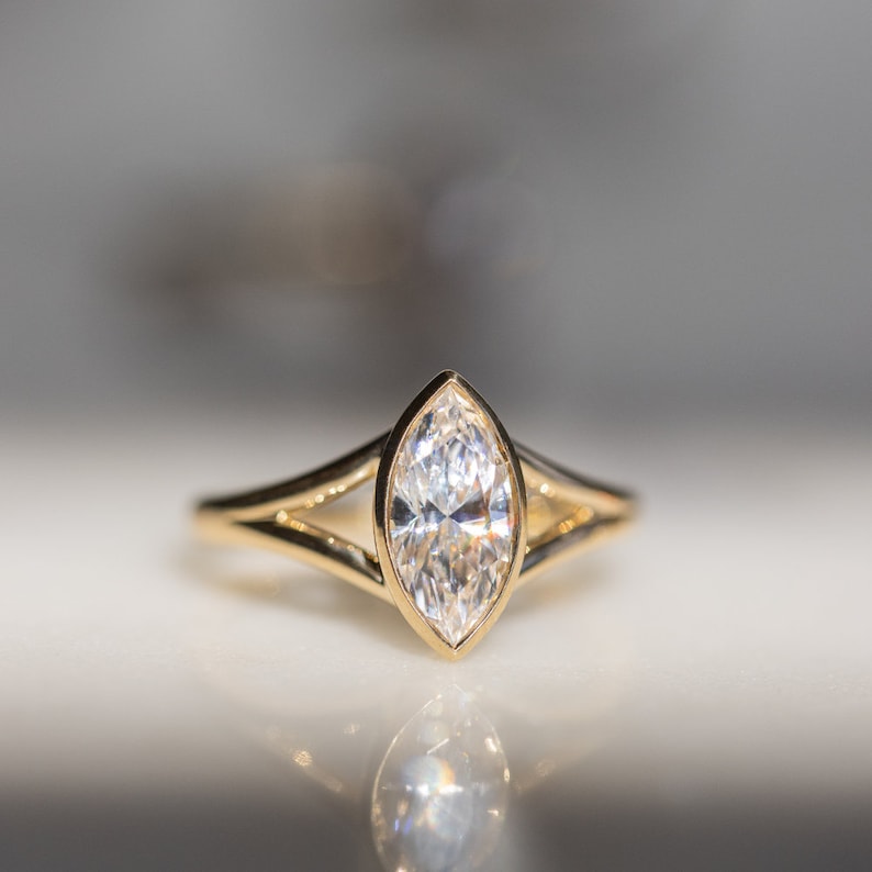 Marquise Cut Moissanite Ring, 14k Gold Bezel Set Ring, Marquise Cut ...
