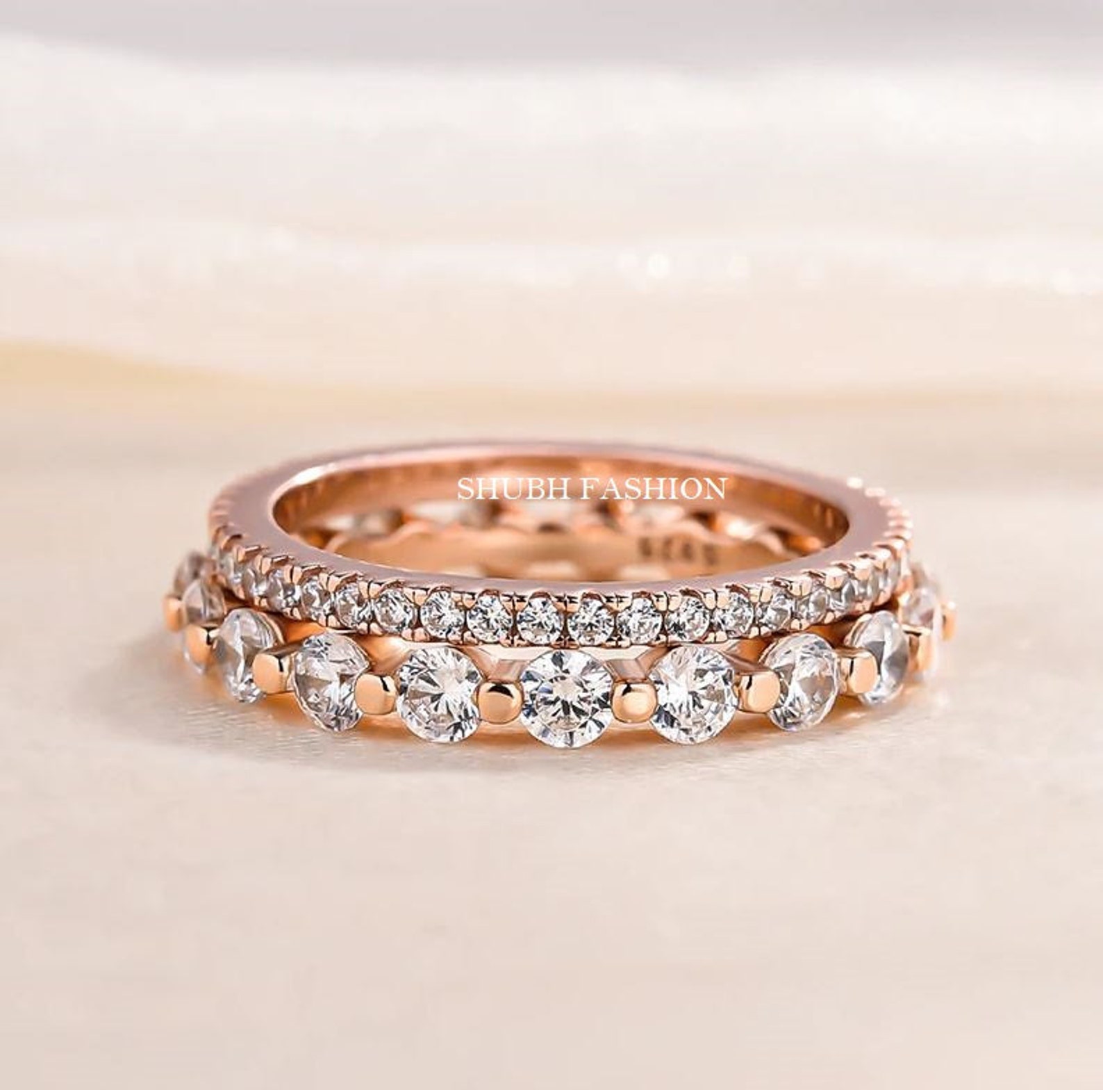 Two Piece Stacking Eternity Band, Two Piece Band Ring Round Diamond ...