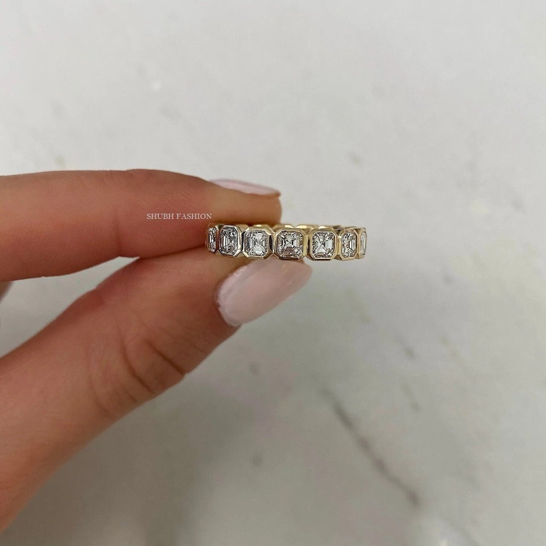 Asscher Cut Diamond Bezel Set Eternity Band, 3 Mm Asscher Cut Wedding ...