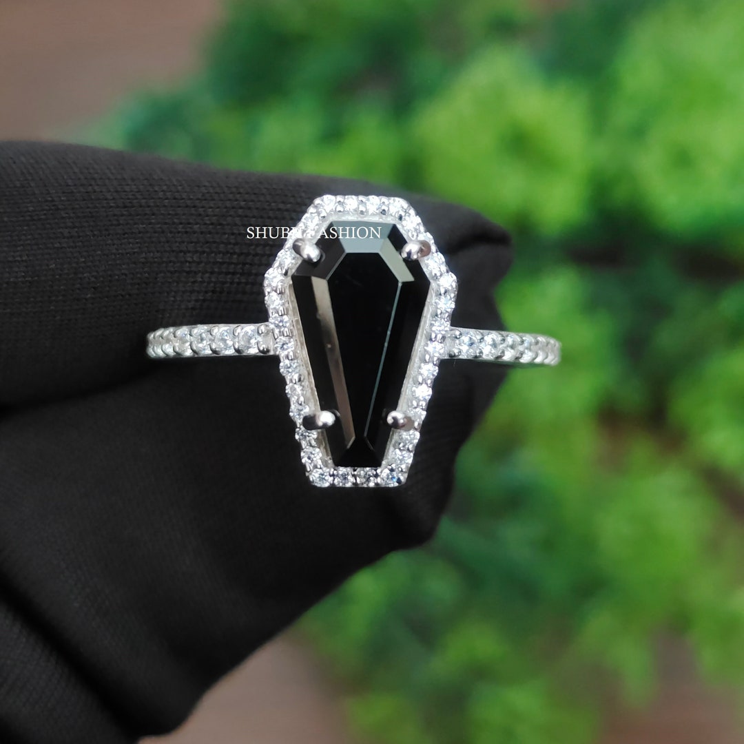 Coffin Shaped Black Onyx Engagement Ring Vintage Coffin Cut Halo Ring ...