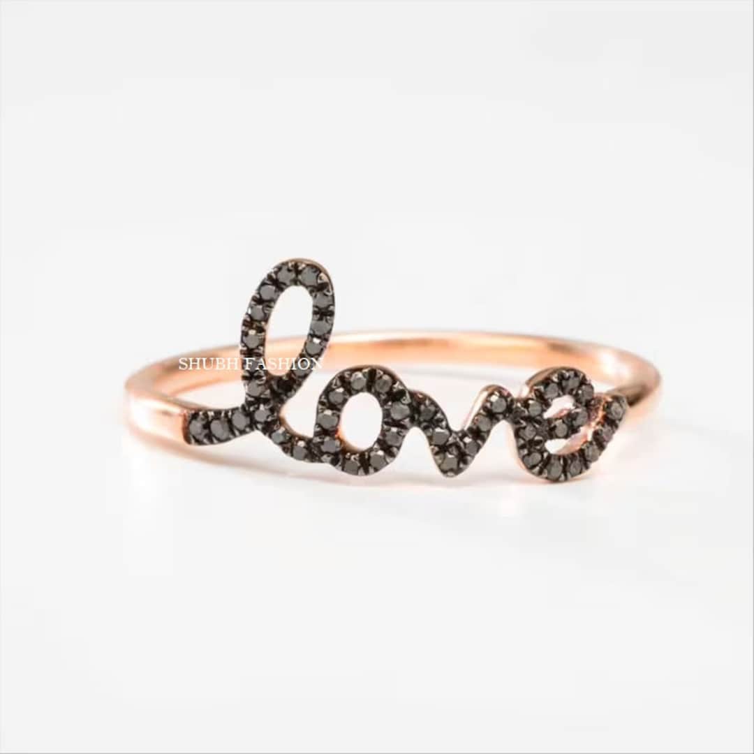 Love Black Diamond Ring Script Love Ring 14k Solid Gold Promise Band Minimalist Love Letter ...