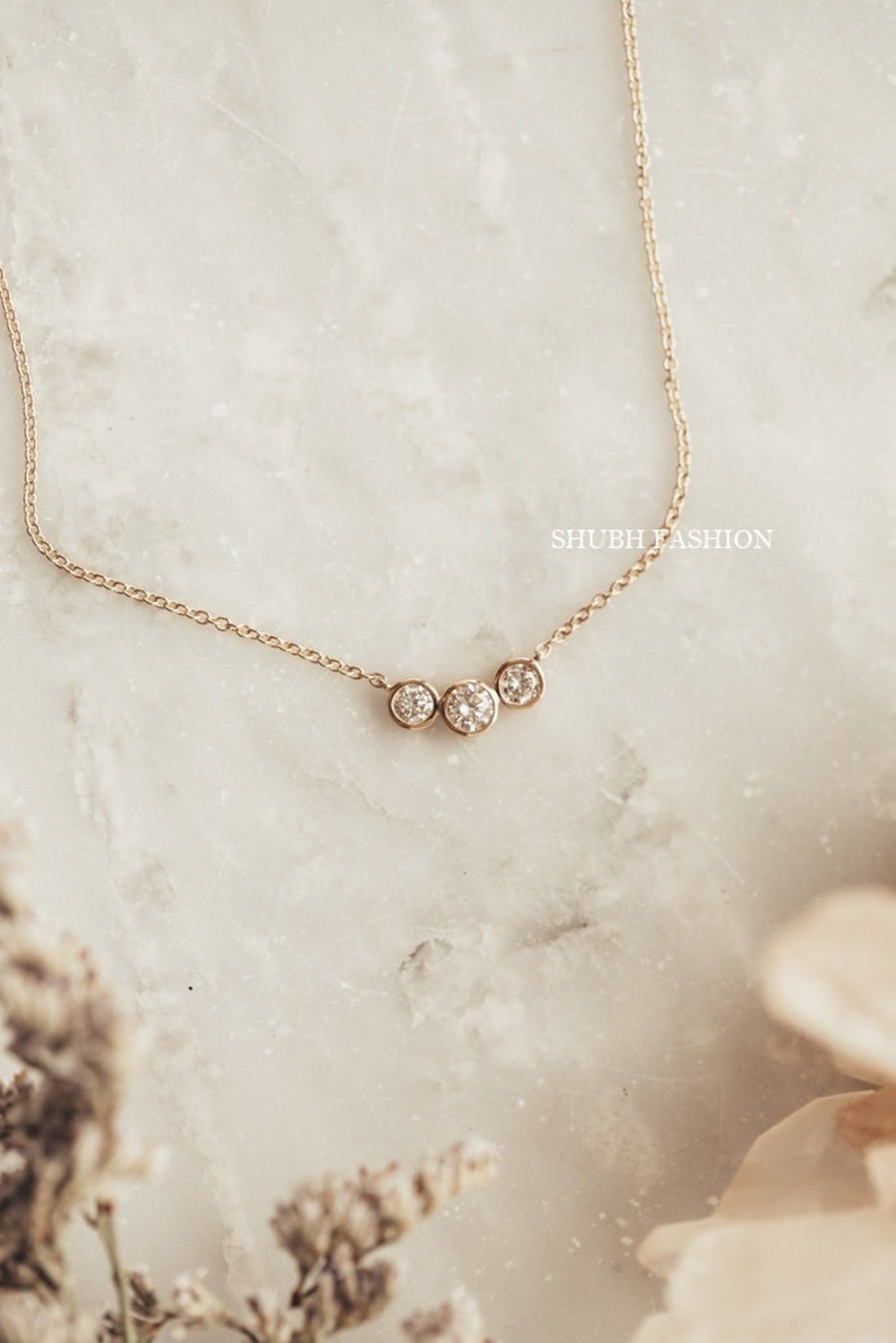 Trio Diamond Necklace, Three Moissanite Solitaire Diamond Necklace, Bezel Necklace, 3 Stone ...