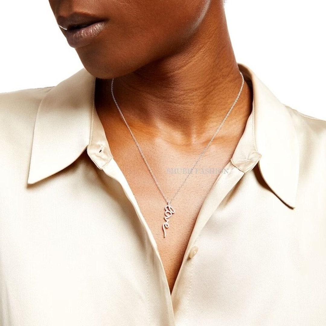 14k Gold Diamond Necklace, Cursive Font Love Necklace, Solid Gold ...