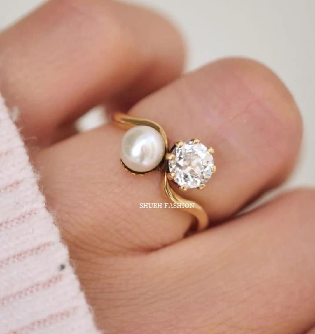 Vintage Estate Diamond and Pearl Engagement Ring, Women Yellow Gold Art ...