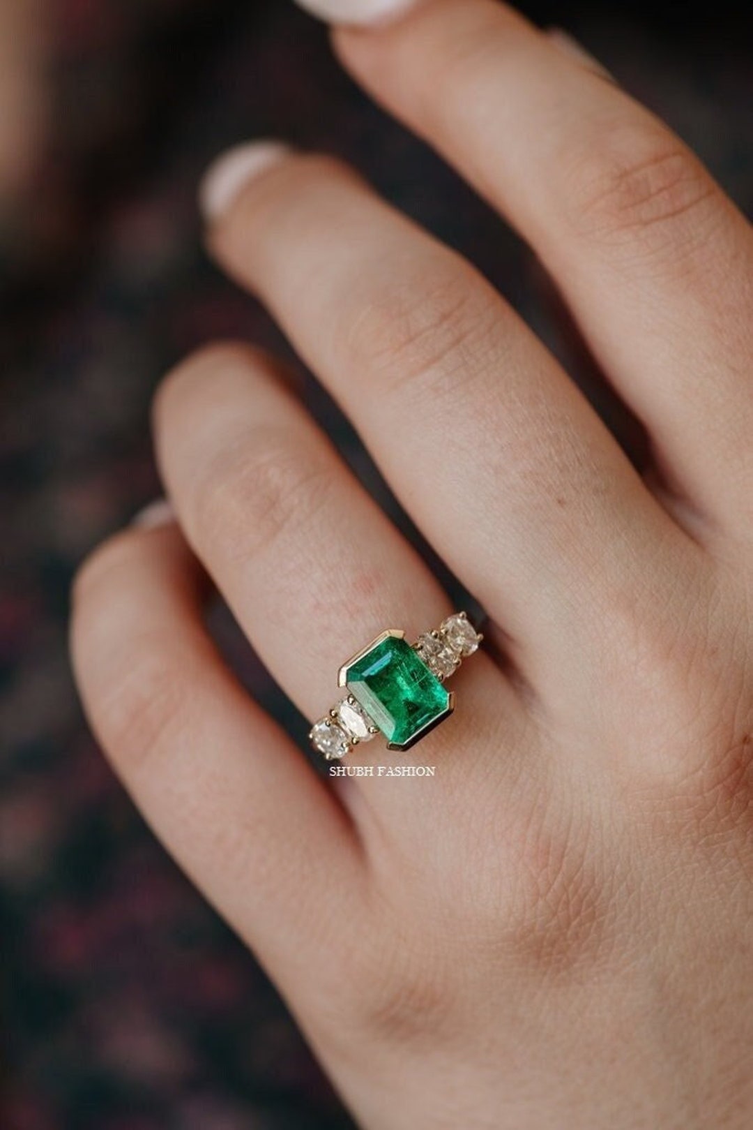Art Deco Emerald Ring Emerald Engagement Ring Half Bezel Set - Etsy