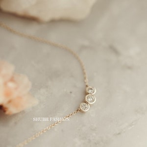 Trio Diamond Necklace, Three Moissanite Solitaire Diamond Necklace, Bezel Necklace, 3 Stone ...
