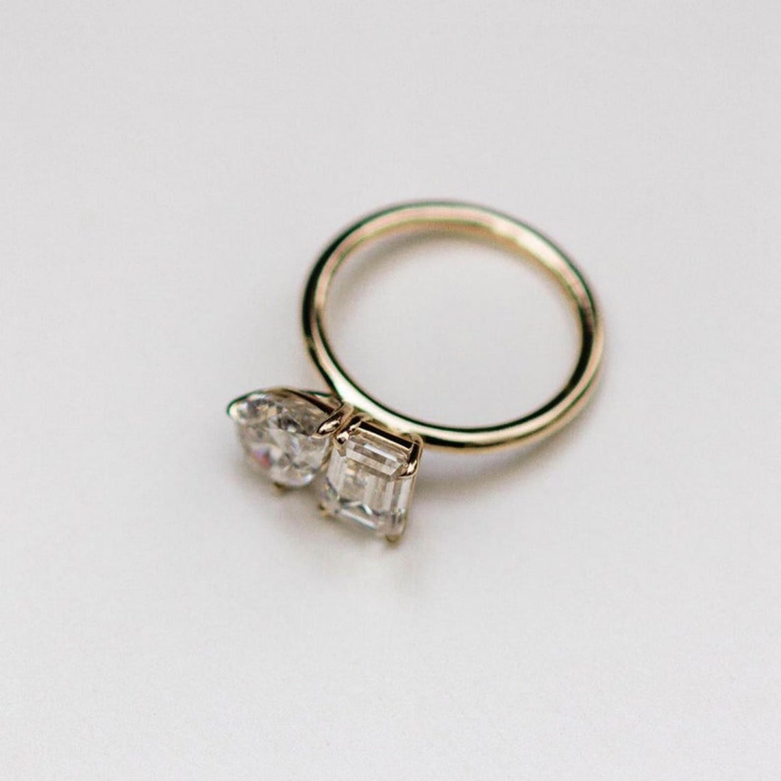 Double Stone Engagement Ring Pear Cut and Emerald Cut Two Stone Wedding ...