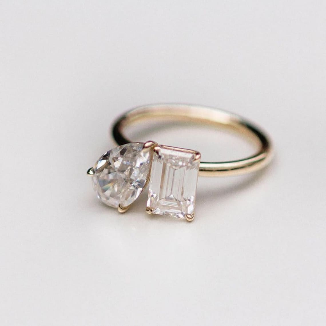 Double Stone Engagement Ring Pear Cut and Emerald Cut Two Stone Wedding Ring, White Yellow Rose ...