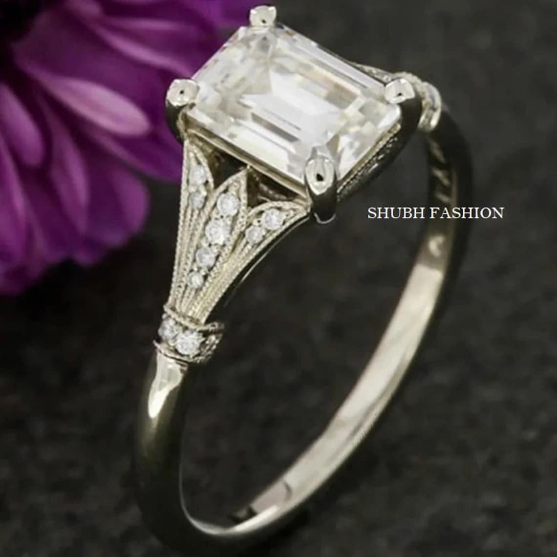 Emerald Cut Vintage Inspired Engagement Ring, 3ct Emerald & Round Cut ...