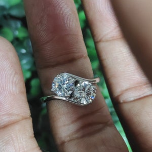 Two Stone Round Cut Moissanite Engagement Ring, Double Stone ...