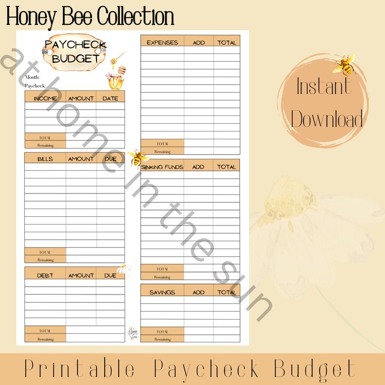 Honey Bee Printable Paycheck Budget Planner Worksheet (PDF) Digital ...
