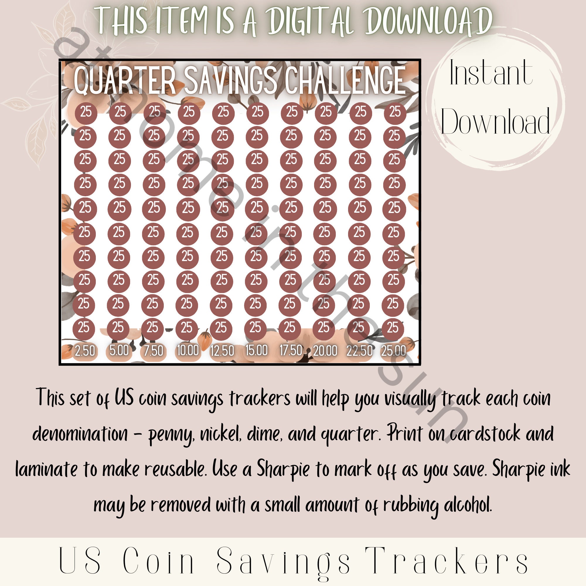PRINTABLE Coin Savings Trackers, Coin Challenge, Printable Cash ...