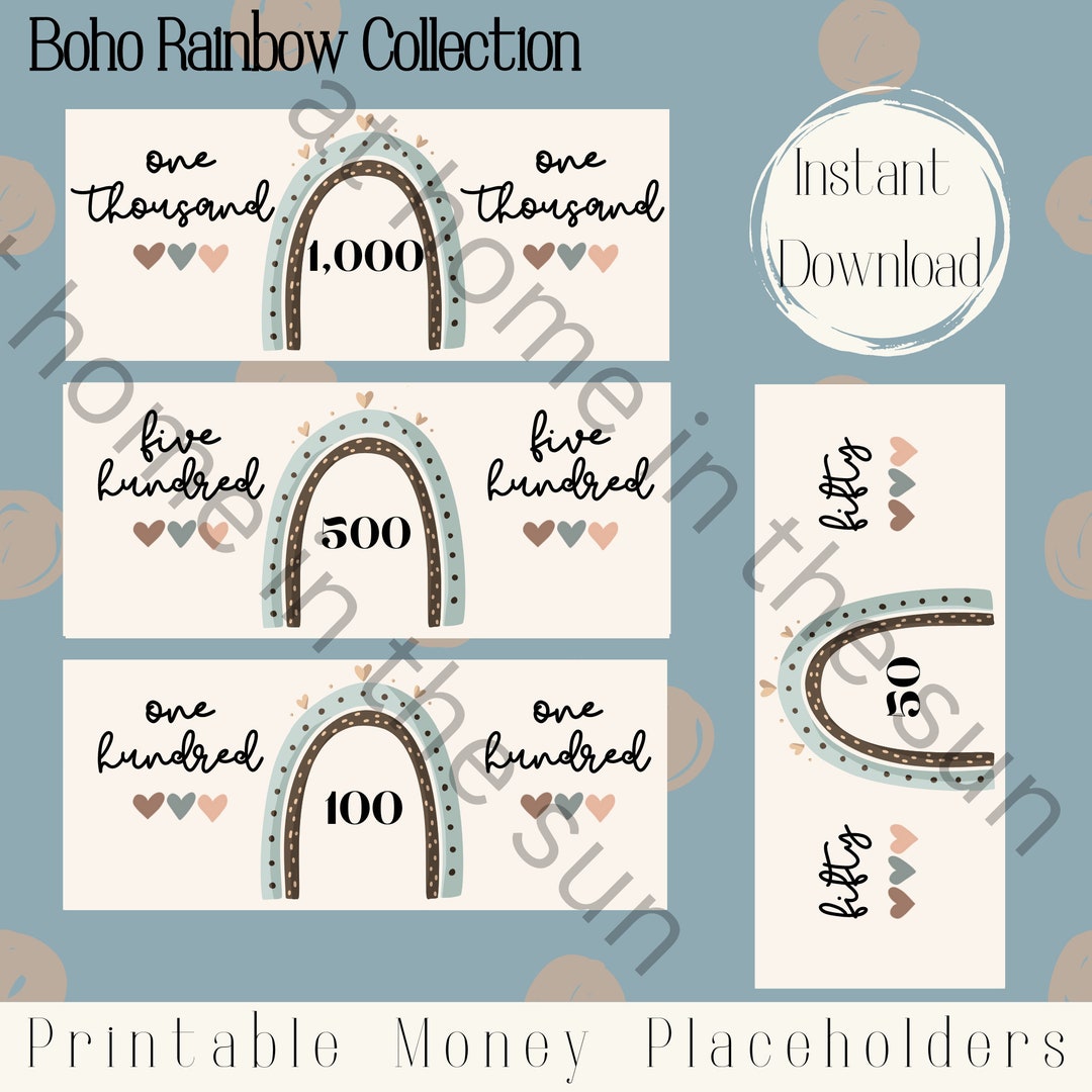Boho Rainbow Money Placeholder Printables: Cash Stuffing Slips (digital ...