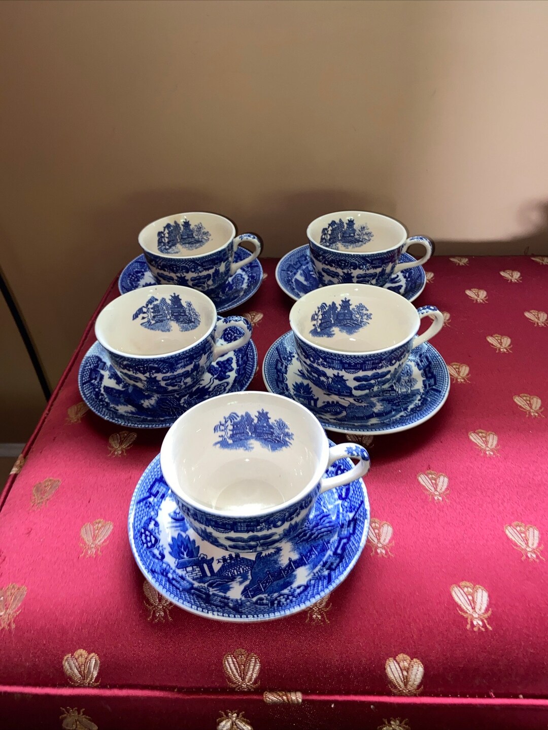 Antique Blue Willow Cups, and Saucers Set of Five - Etsy