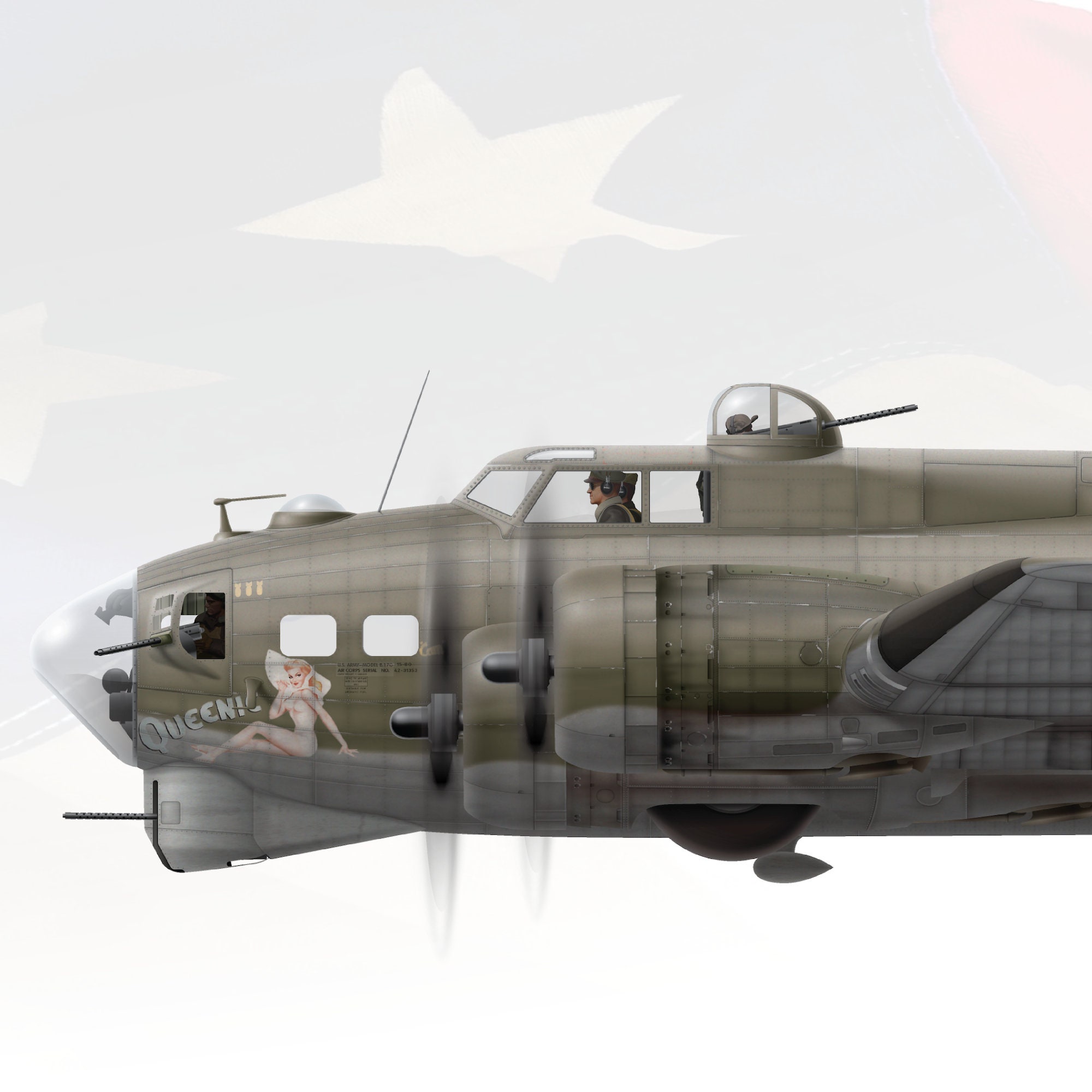 B-17G Flying Fortress queenie 42-31353 322BS Side View USAAF Bomber Plane Aircraft Litho Print ...