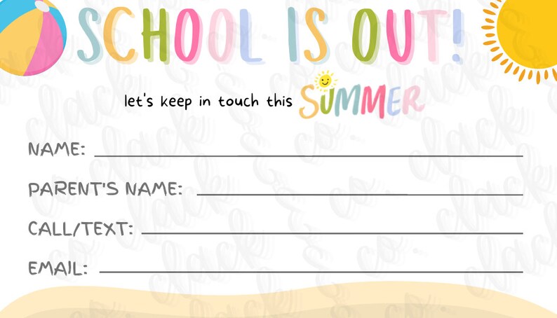 Summer Contact Card for Kids, Keep in Touch, School Contact Card ...