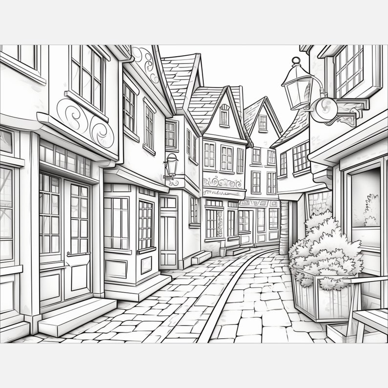 50 Street Scenes Colouring Pages for Adults - Urban City Streets With ...
