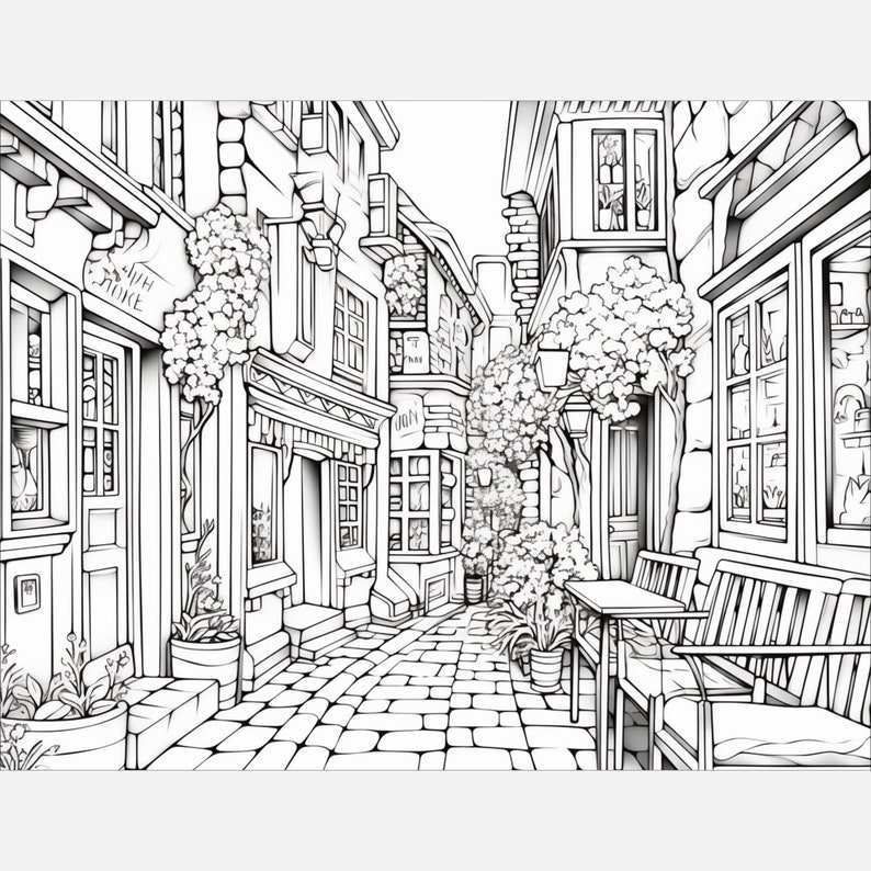 50 Street Scenes Colouring Pages for Adults Urban City Streets With ...