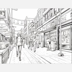 50 Street Scenes Colouring Pages for Adults - Urban City Streets With ...