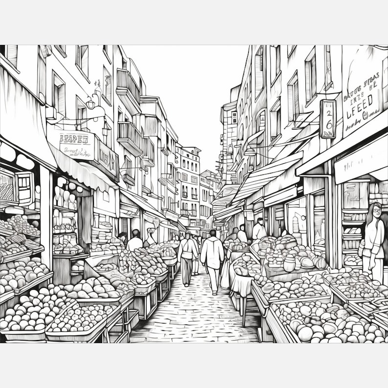 50 Street Scenes Colouring Pages for Adults - Urban City Streets With ...