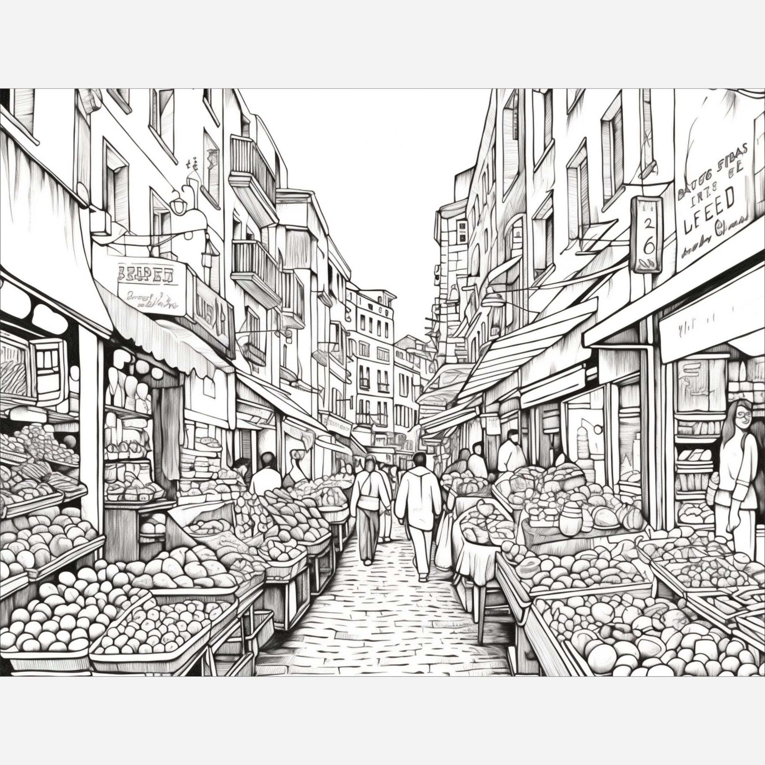 50 Street Scenes Colouring Pages for Adults - Urban City Streets With ...