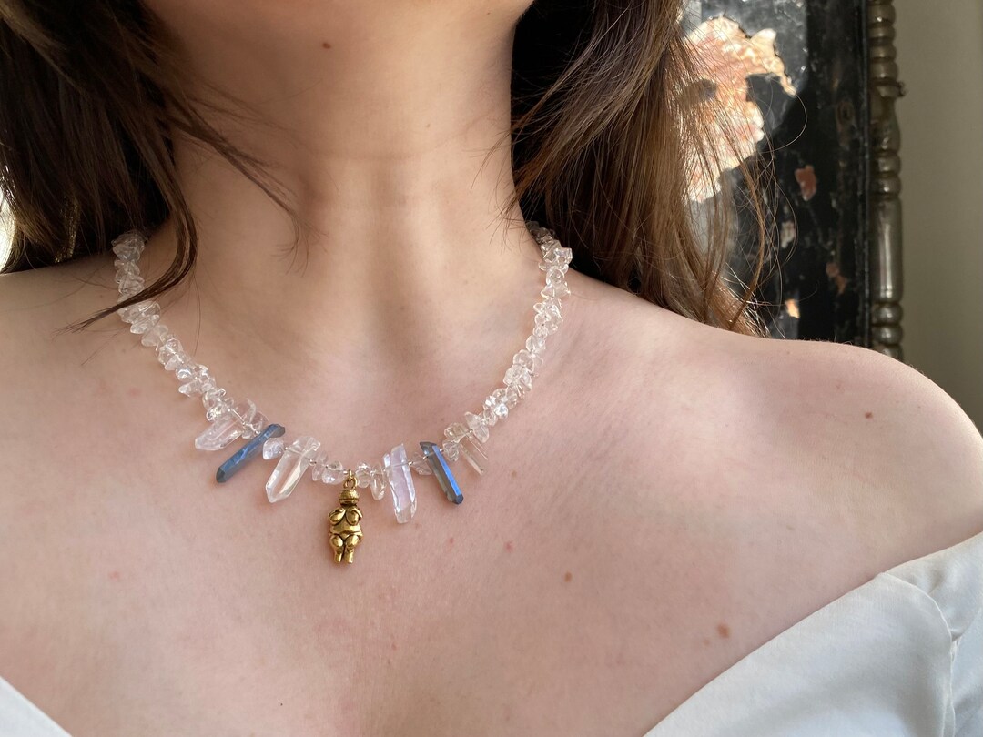 14k Gold Plated Venus of Willendorf Beaded Necklace With Blue and Clear ...