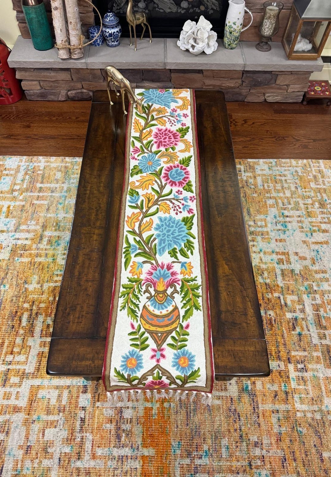 Handcrafted Wool Table Runner Floral Embroidered Table Runner 12x60 ...