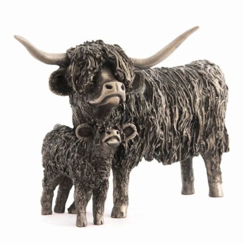 Highland Cow and Calf Standing Cold Cast Bronze Sculpture Statue ...
