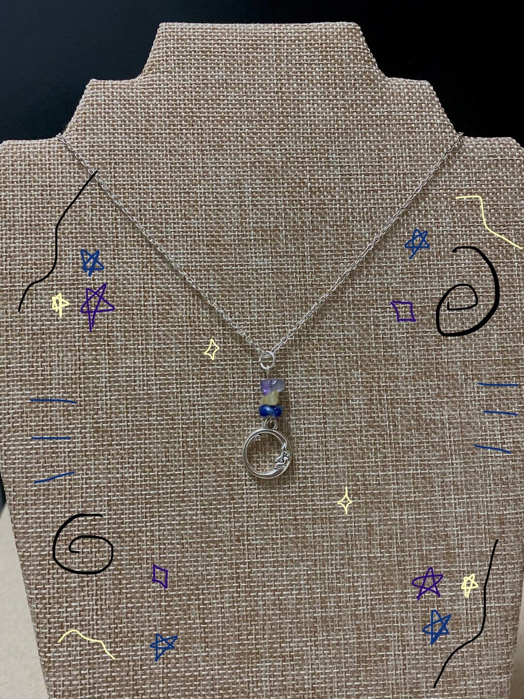 Night Sky Necklace / Twilight Crystal Moon Star Gem Chip Silver Charm ...