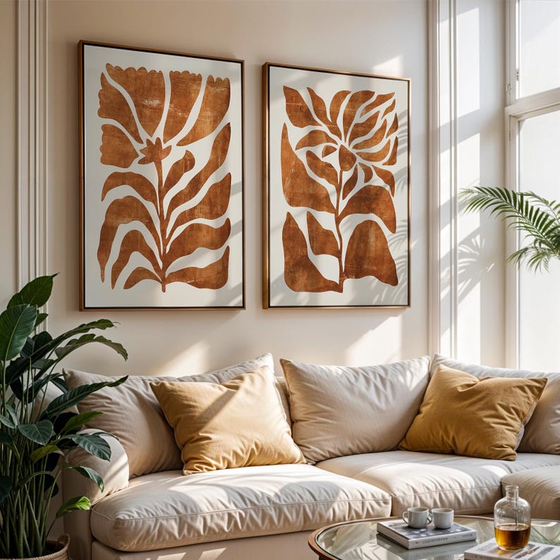 Set of 2 Terracotta Botanical Prints – Abstract Leaf Wall Art – Modern ...