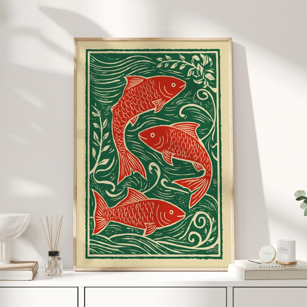 Red Fish Linocut Print - Folk Art Style Wall Art - Koi or Carp ...