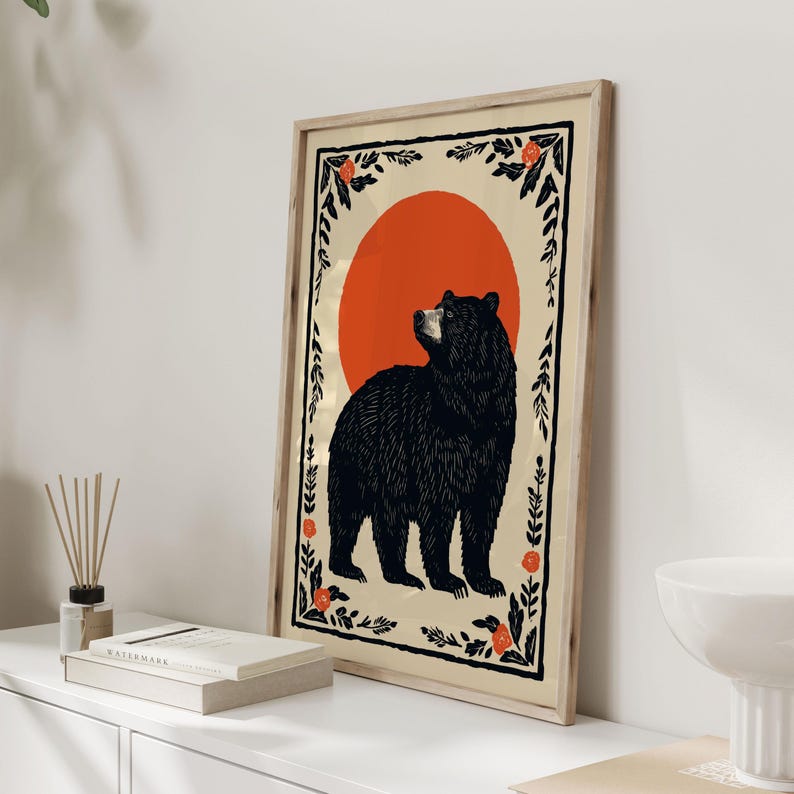 Bear Folk Art Print | Rustic Nordic Style Woodland Animal Poster With ...