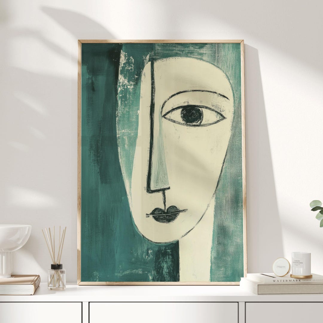 Abstract Face Print | Picasso Style Wall Art in Sage Green | Modern ...
