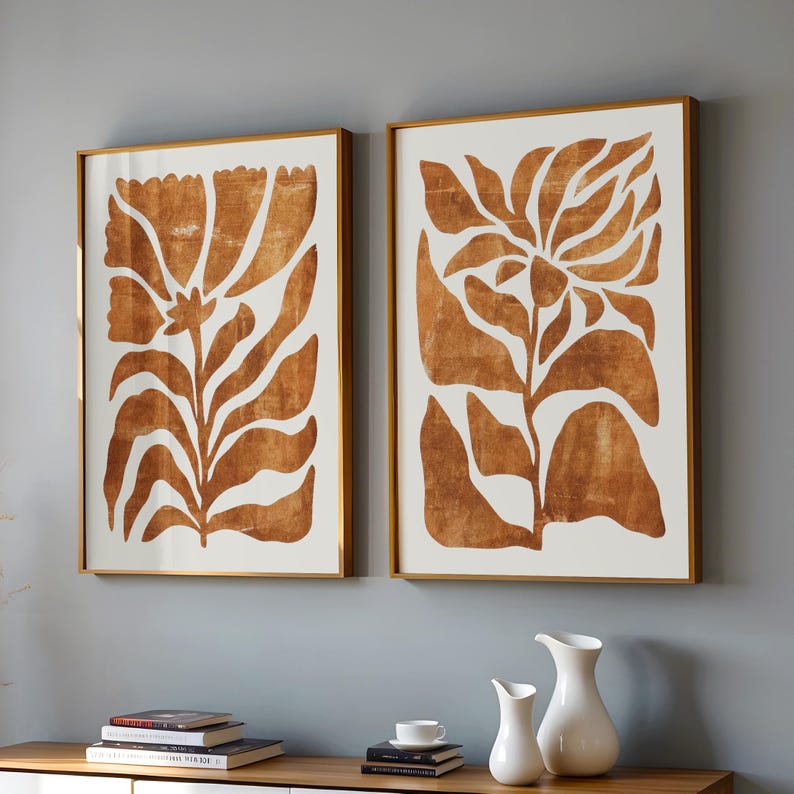 Set of 2 Terracotta Botanical Prints – Abstract Leaf Wall Art – Modern ...