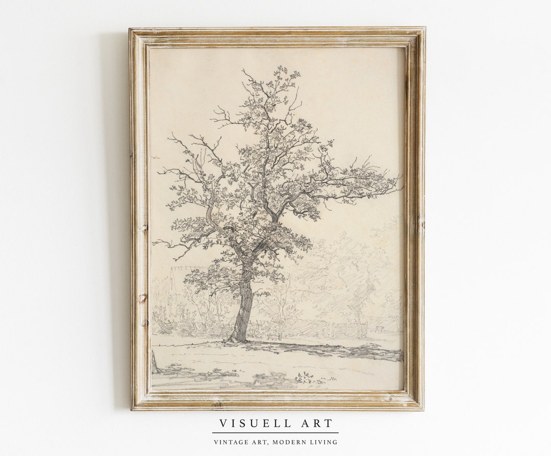 Dessin au crayon vintage, croquis d'arbre noir et blanc, impression de ...