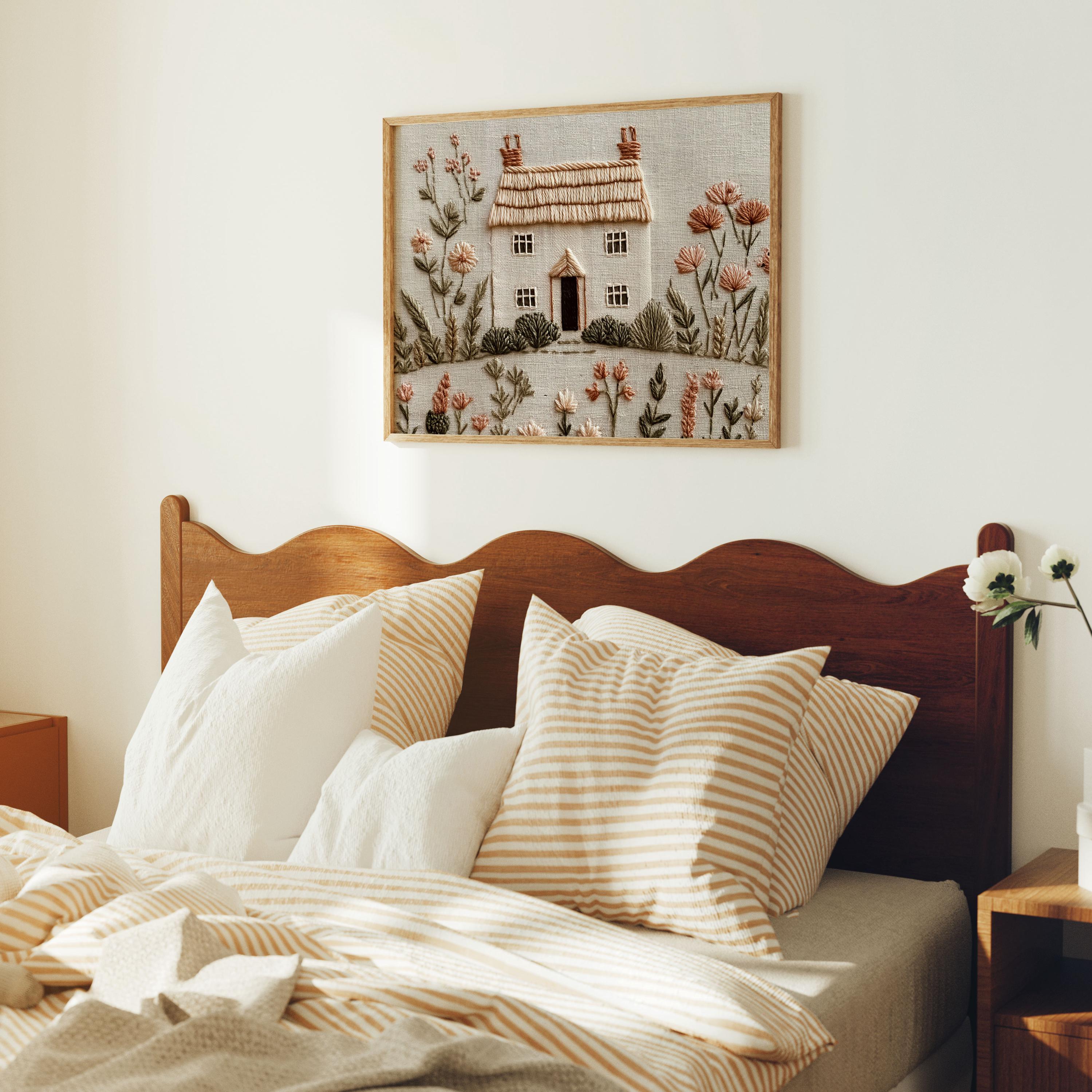 English Cottage Embroidery Art Print | Countryside Wall Art ...