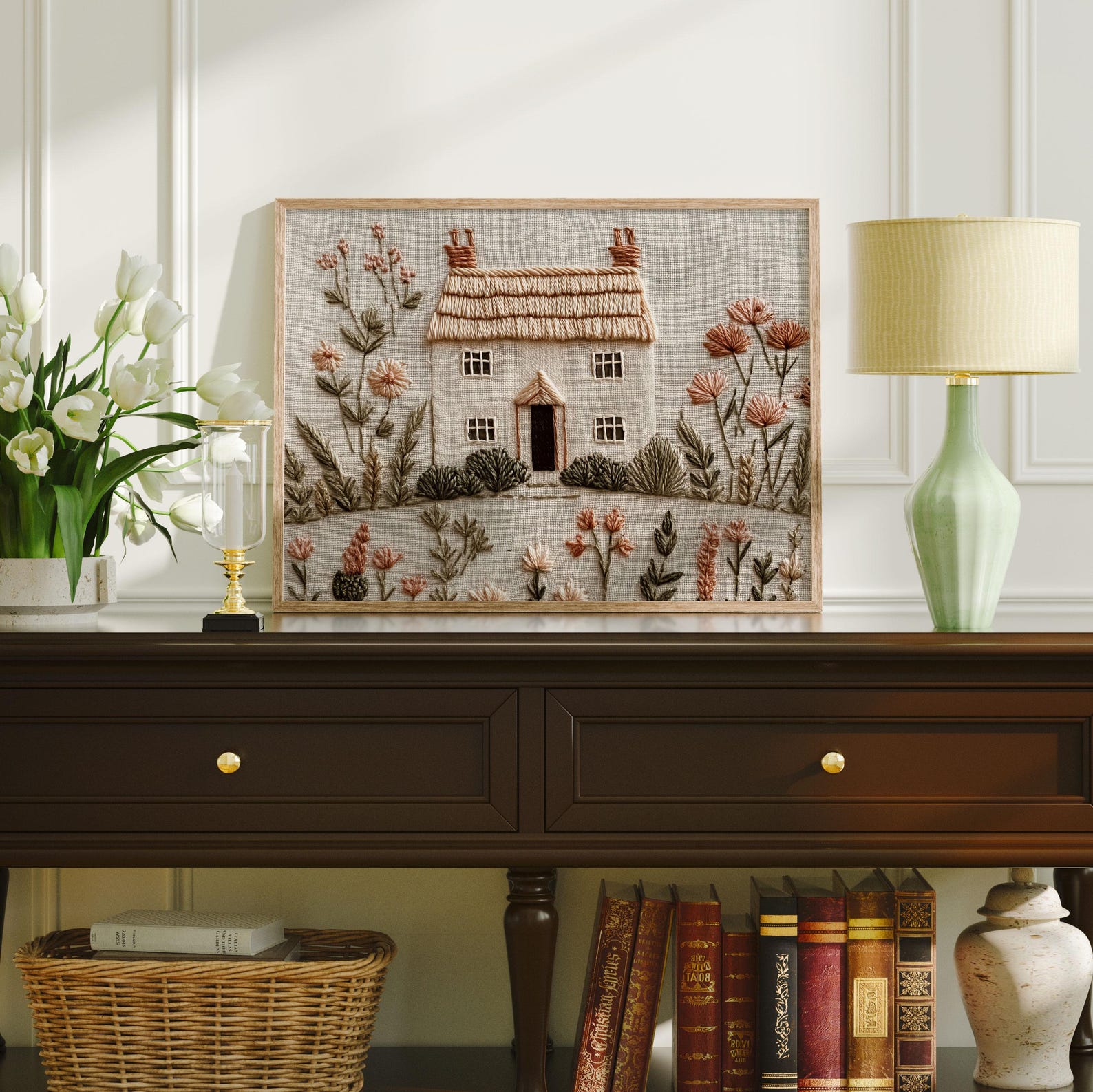 English Cottage Embroidery Art Print | Countryside Wall Art ...