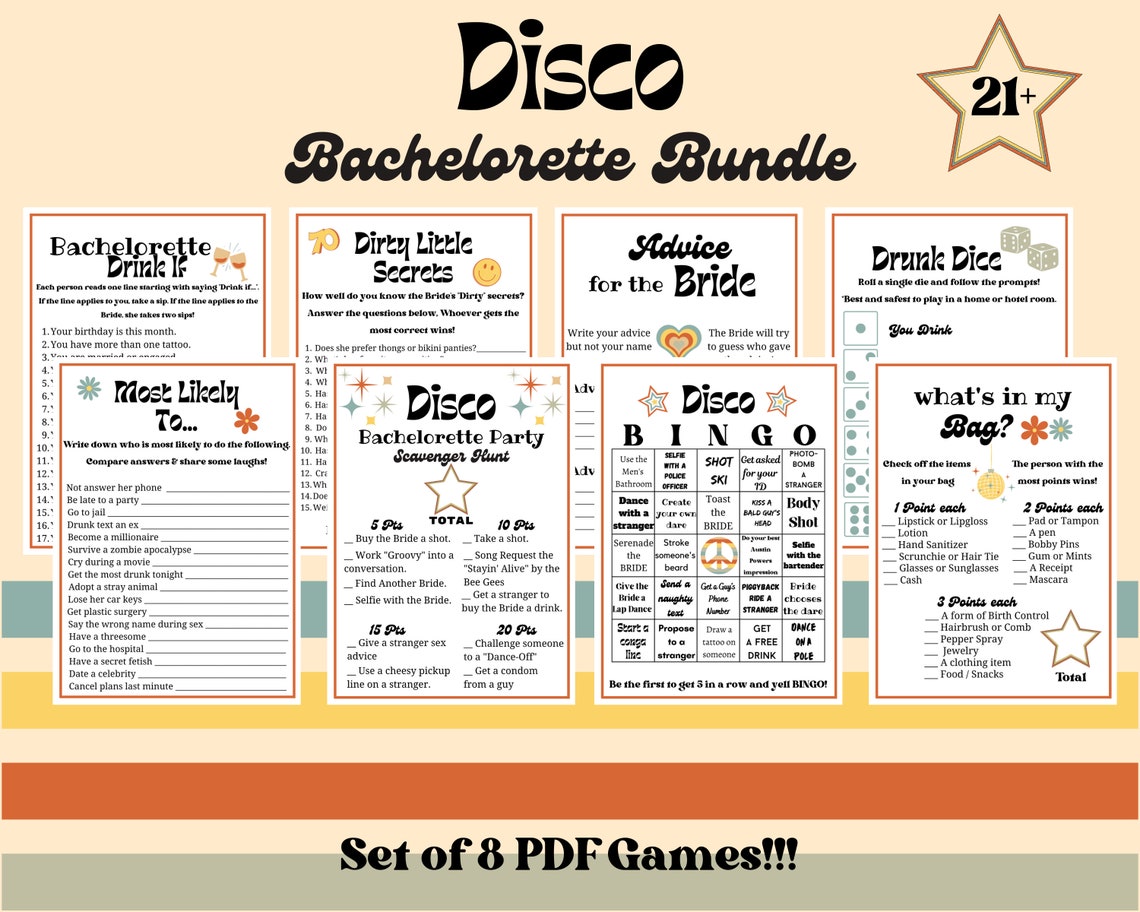 70s Disco Themed Bachelorette Party Games Bundle Printable Games ...