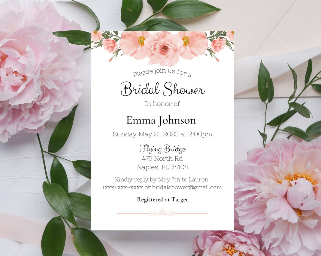 Peachy Pink Floral Bridal Shower Invitation Template | Editable ...