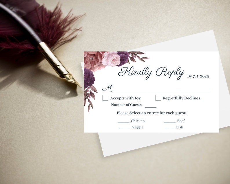 Purple Floral Wedding Invitation Template Set | Elegant Editable Invite ...