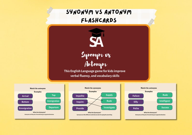 Synonym and Antonym Game Printable Lesson for Kids, Learning English ...