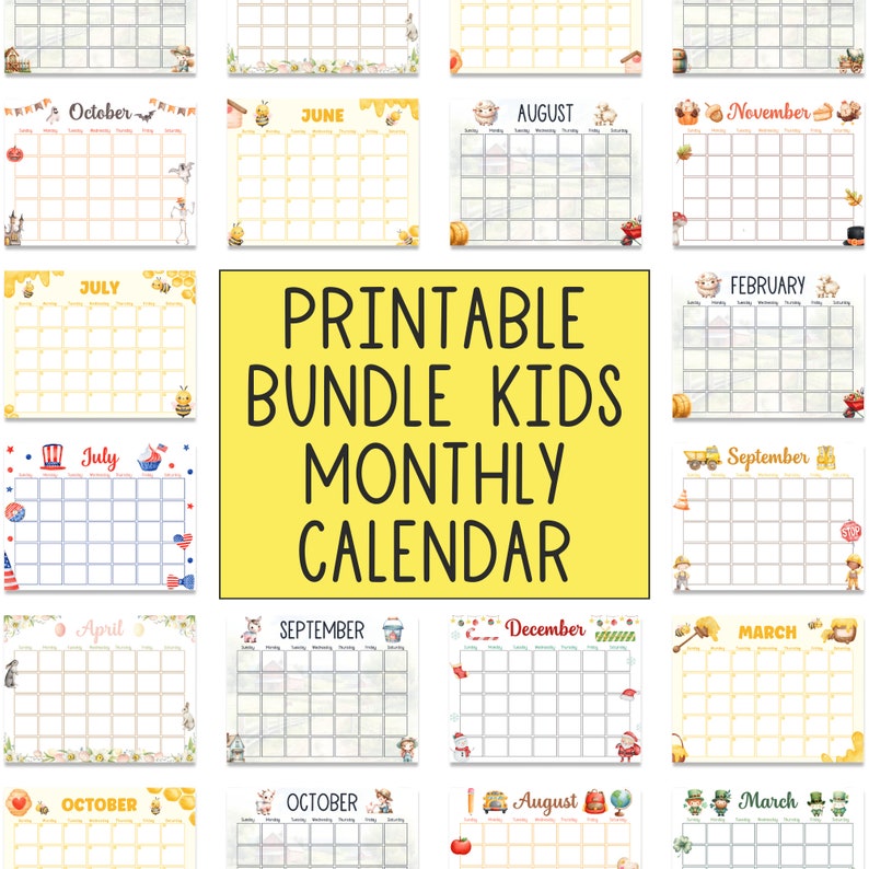 Printable Calendar Bundle for Kids, Undated Printable Kids Calendars ...
