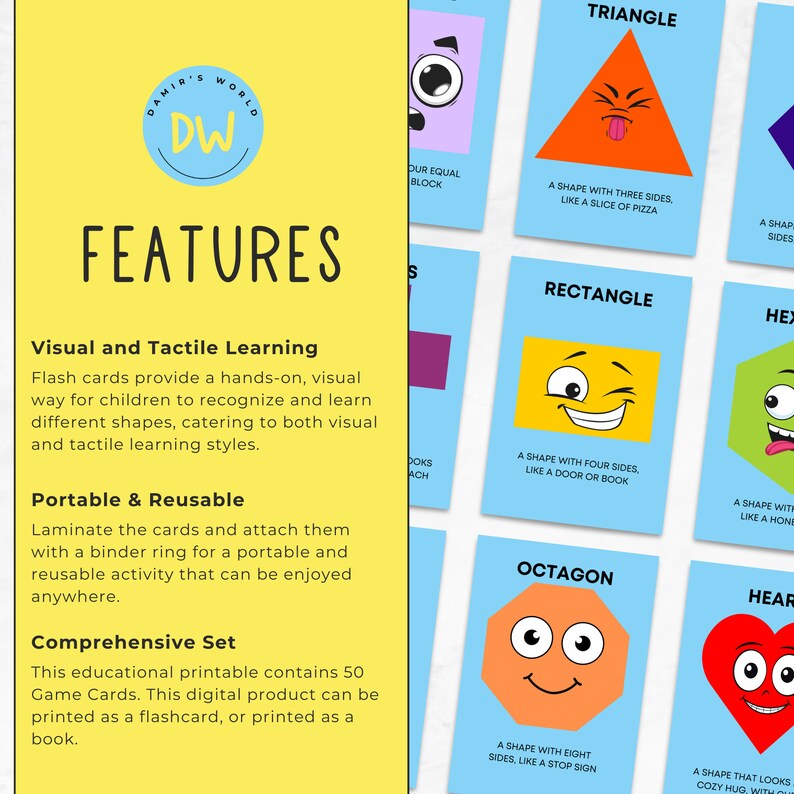 Shapes Recognition Flash Cards - Classroom Visual Shapes, Funny Faces ...