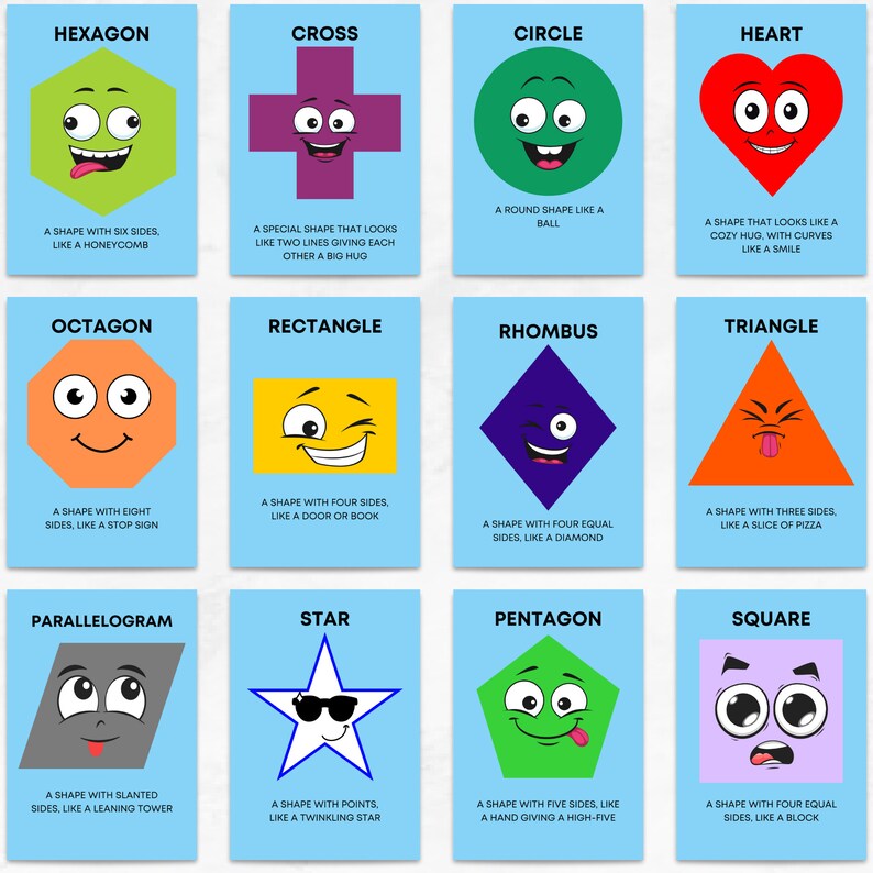 Shapes Recognition Flash Cards - Classroom Visual Shapes, Funny Faces ...