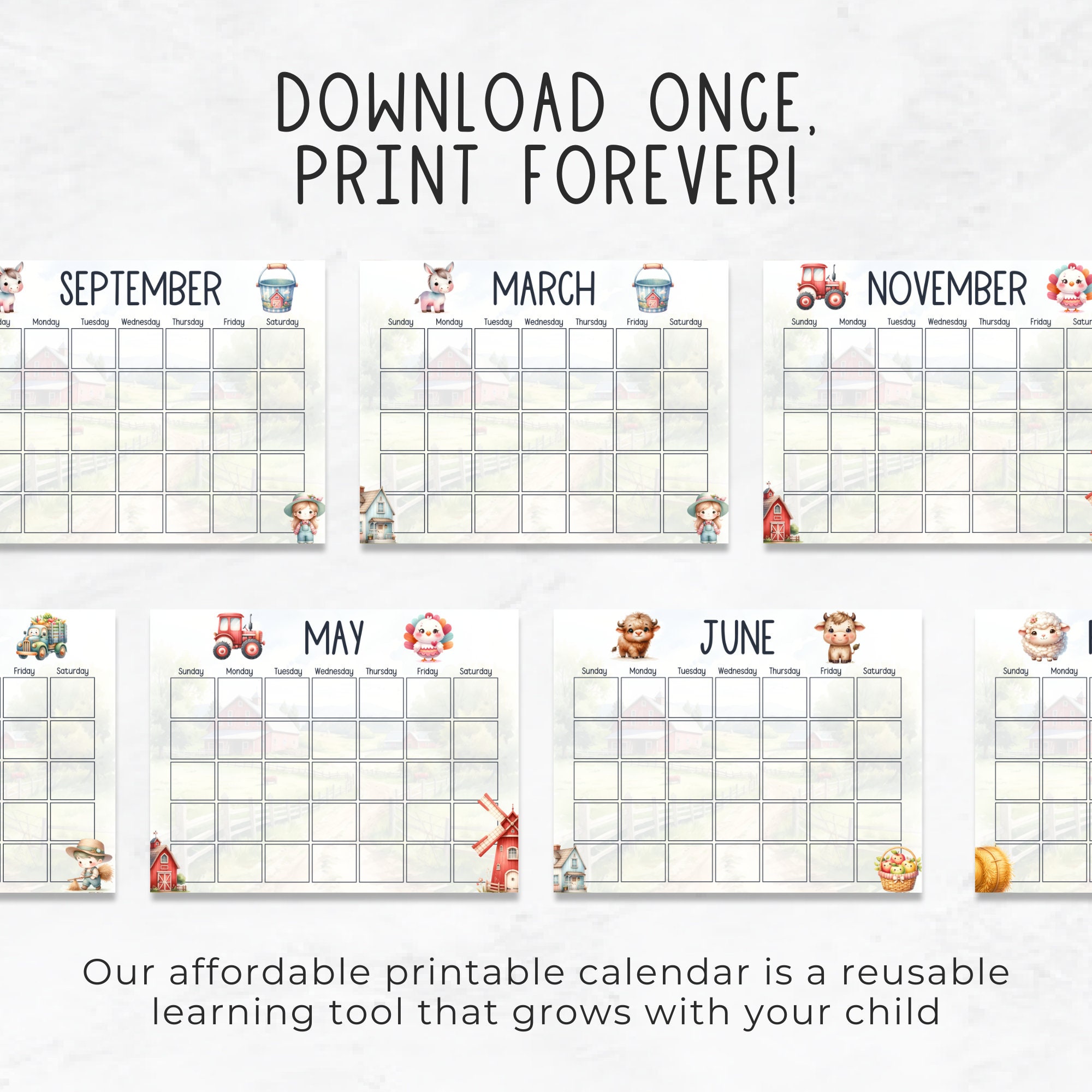 Farm Animals Printable Calendars, Undated Printable Kids Calendars ...