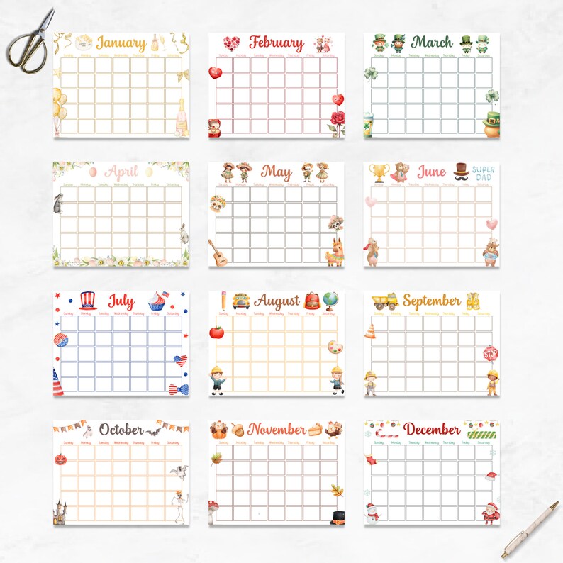 Printable Calendar Bundle for Kids, Undated Printable Kids Calendars ...