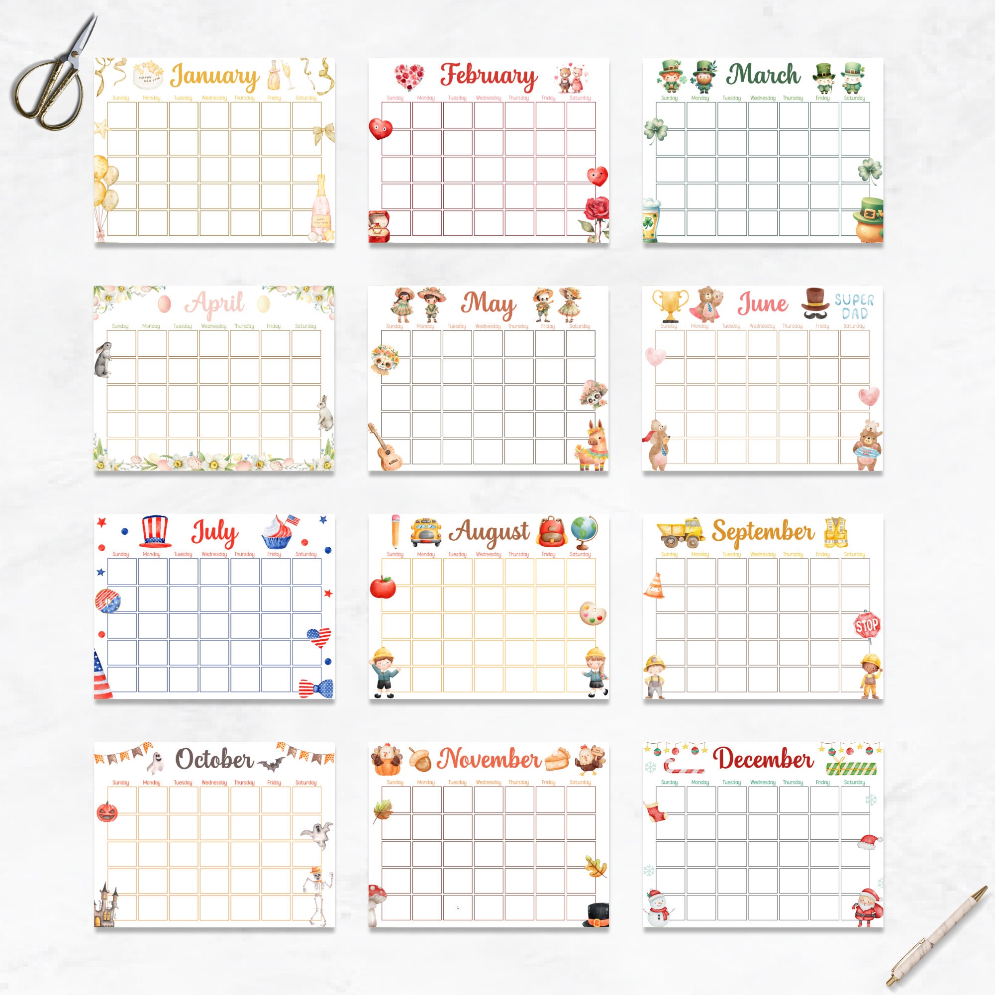 Printable Calendar Bundle for Kids, Undated Printable Kids Calendars ...