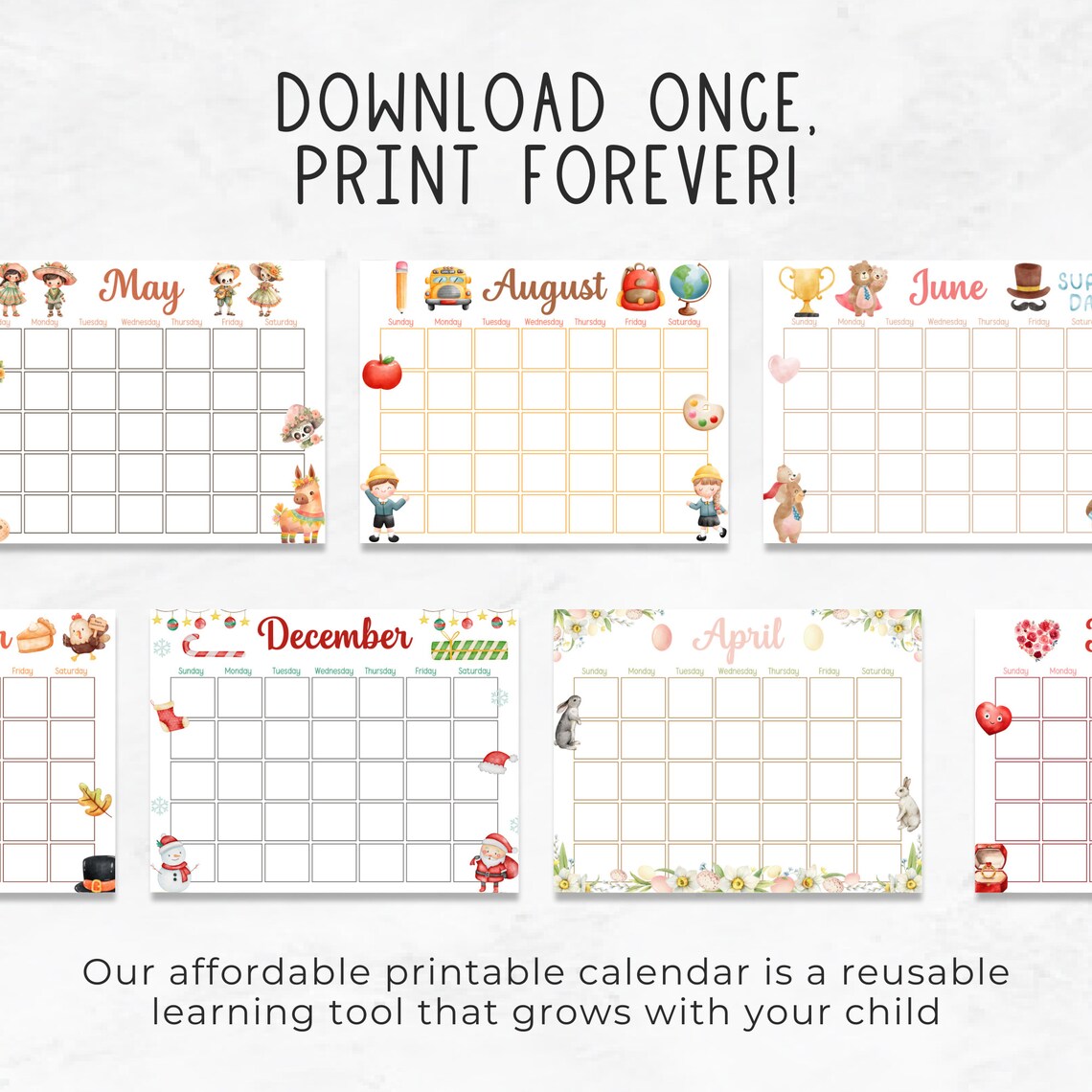 Printable Holiday Calendars for Kids, Homeschool Calendar, Undated ...