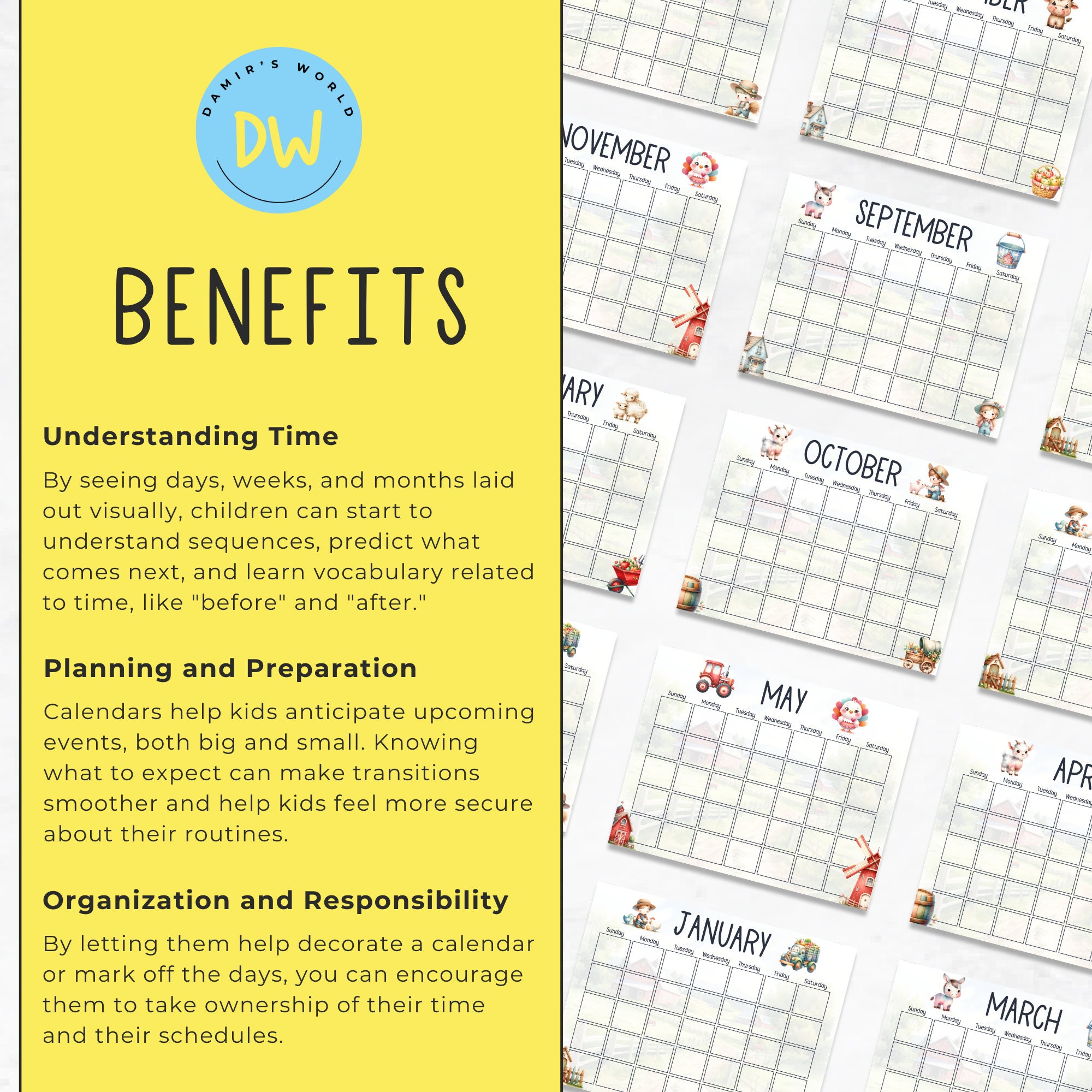 Farm Animals Printable Calendars, Undated Printable Kids Calendars ...